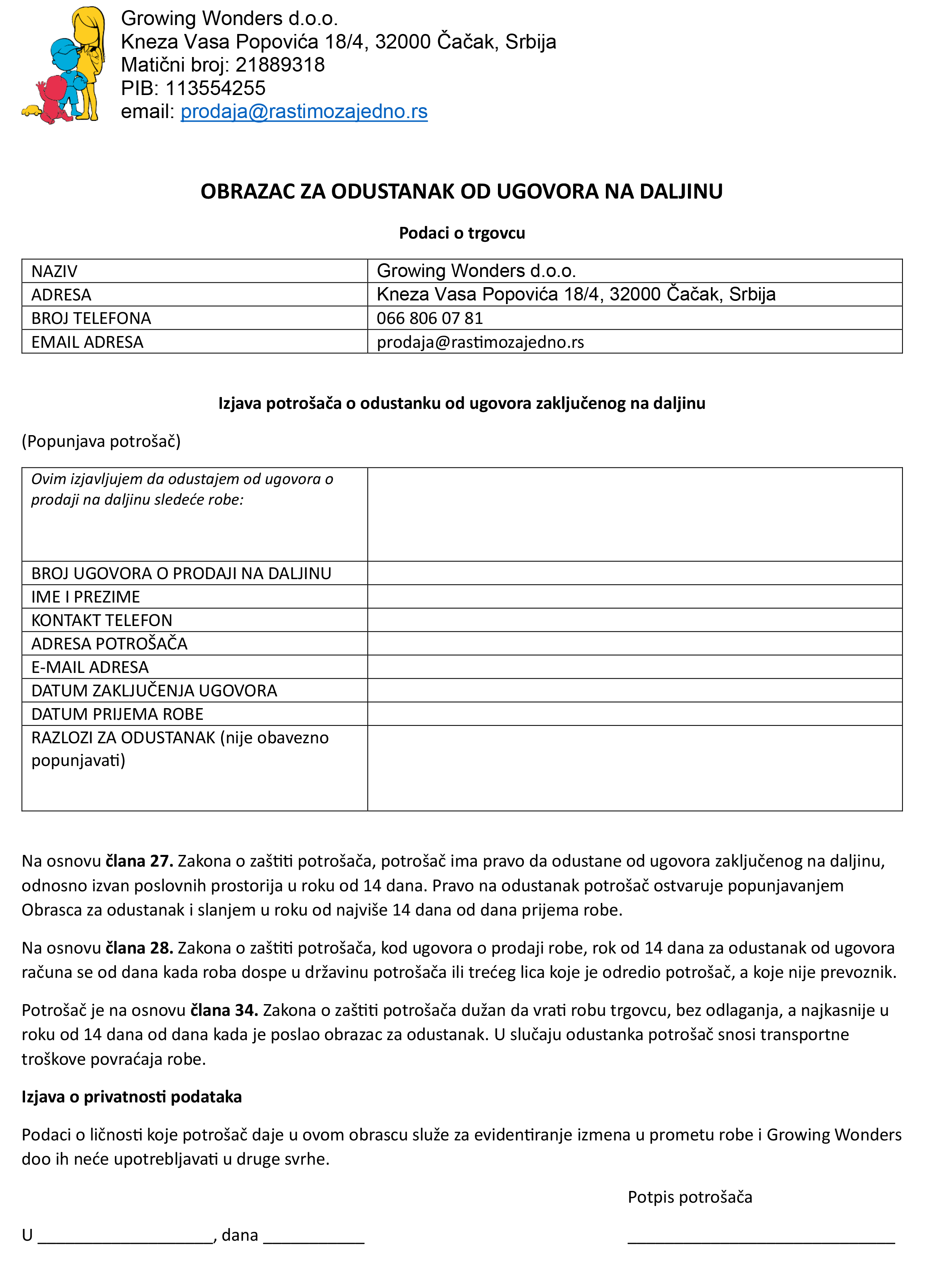 Kliker- Obrazac za odustajanje ugovora na daljinu